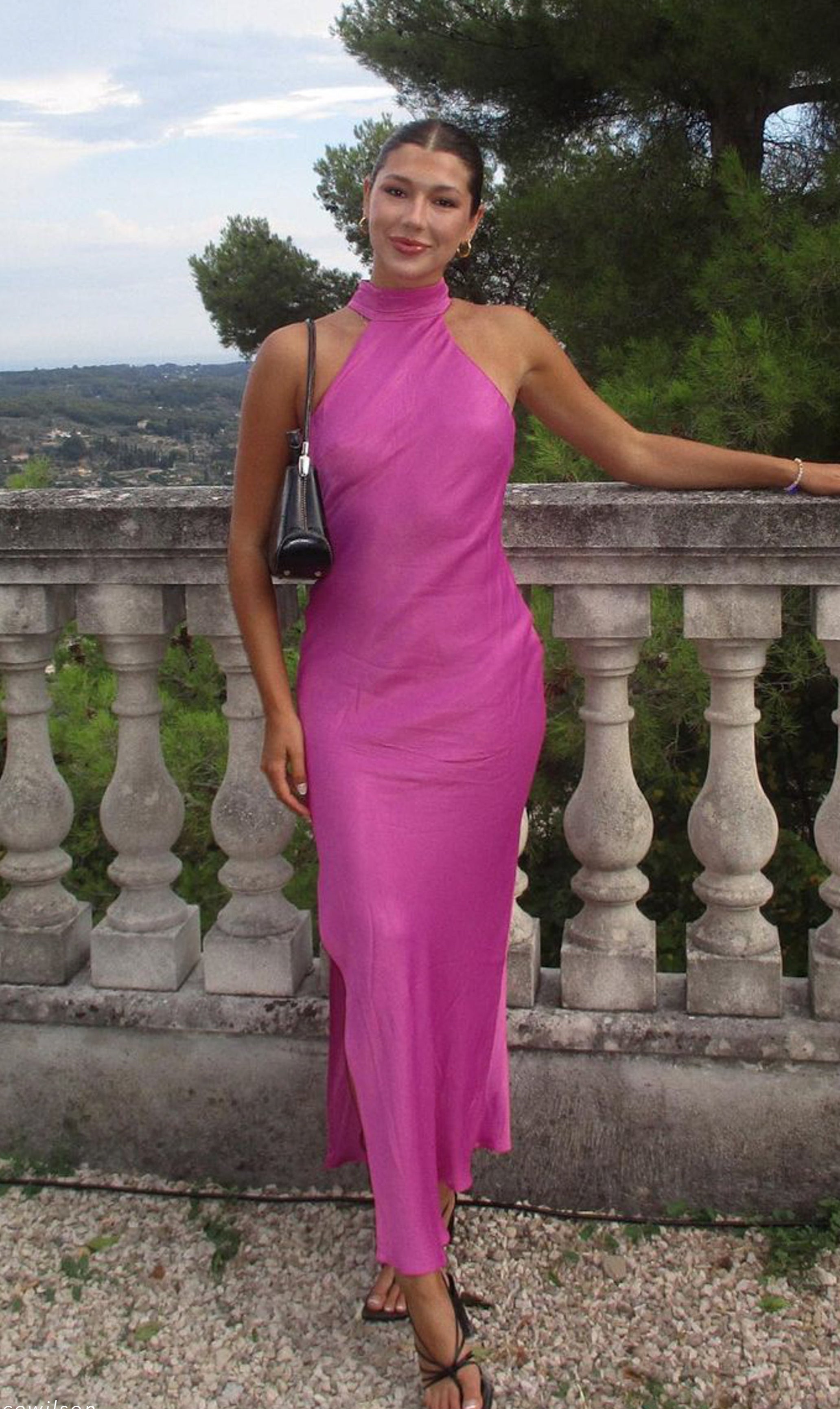 Claire Satin Drape Dress (Pink) - First Date Rentals